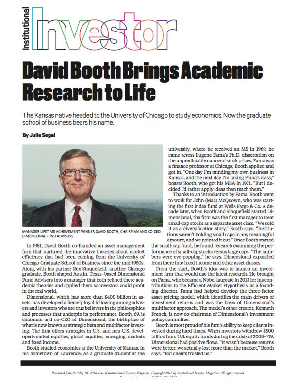 Institutional Investor on How David Booth Brings Academic Research to Life